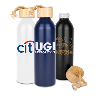Meriden Sustainable Aluminum Bottle with Bamboo Lid &Cotton String Loop ...