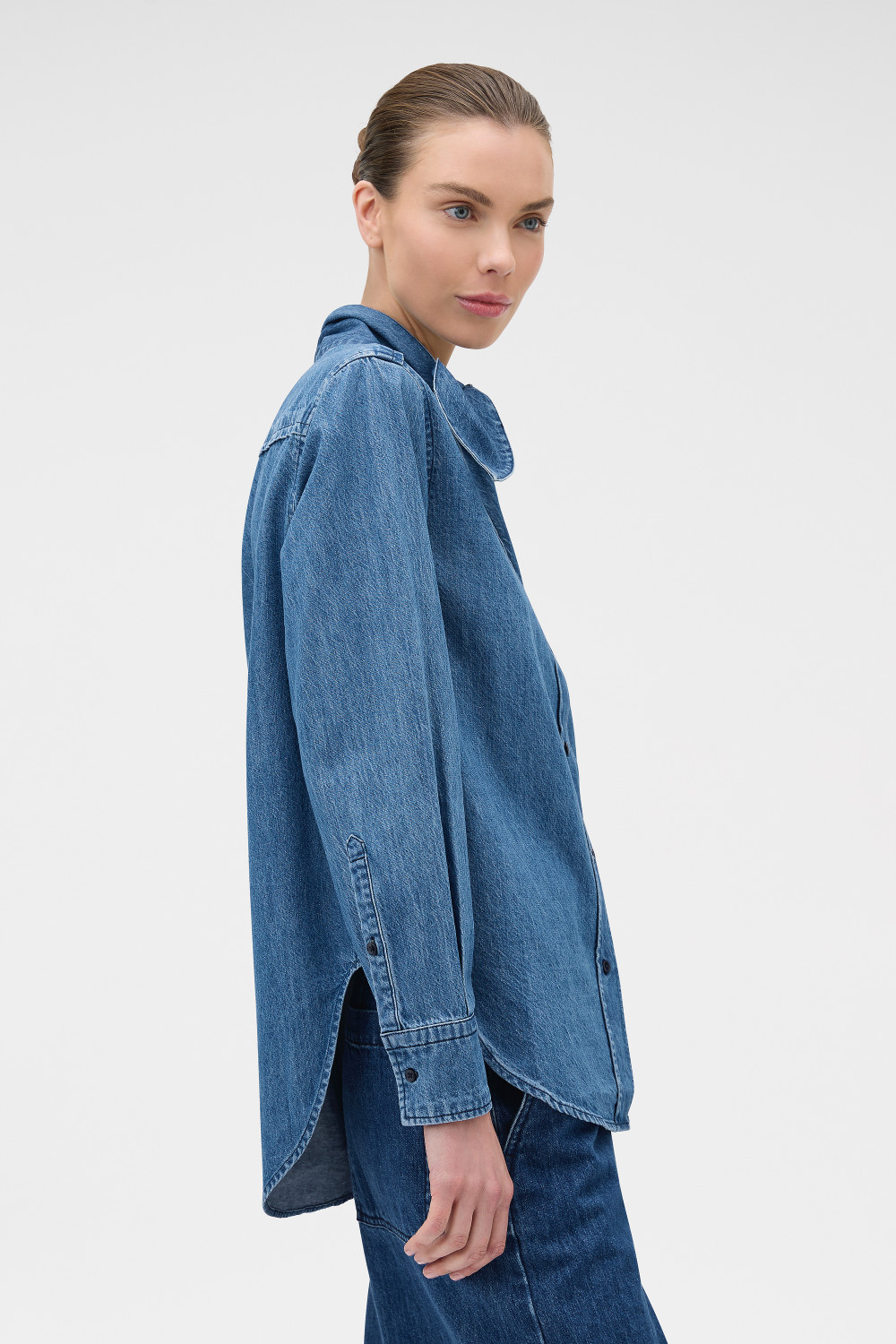 DENIM TIE NECK SHIRT - DENIM | Oroton
