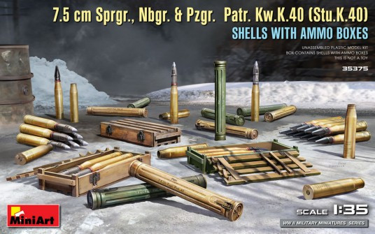 7.5cm Sprgr., Nbgr. & Pzgr. Patr. KwK40 (StuK40) Shells w/Ammo Boxes 1/ ...