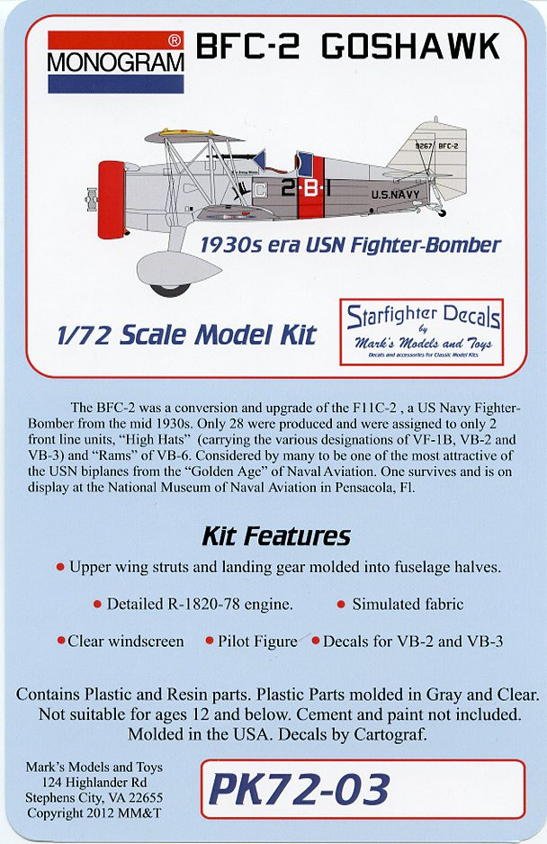 Monogram BFC-2 Goshawk 1930s USN Fighter/Bomber Kit 1/72 Starfighter ...
