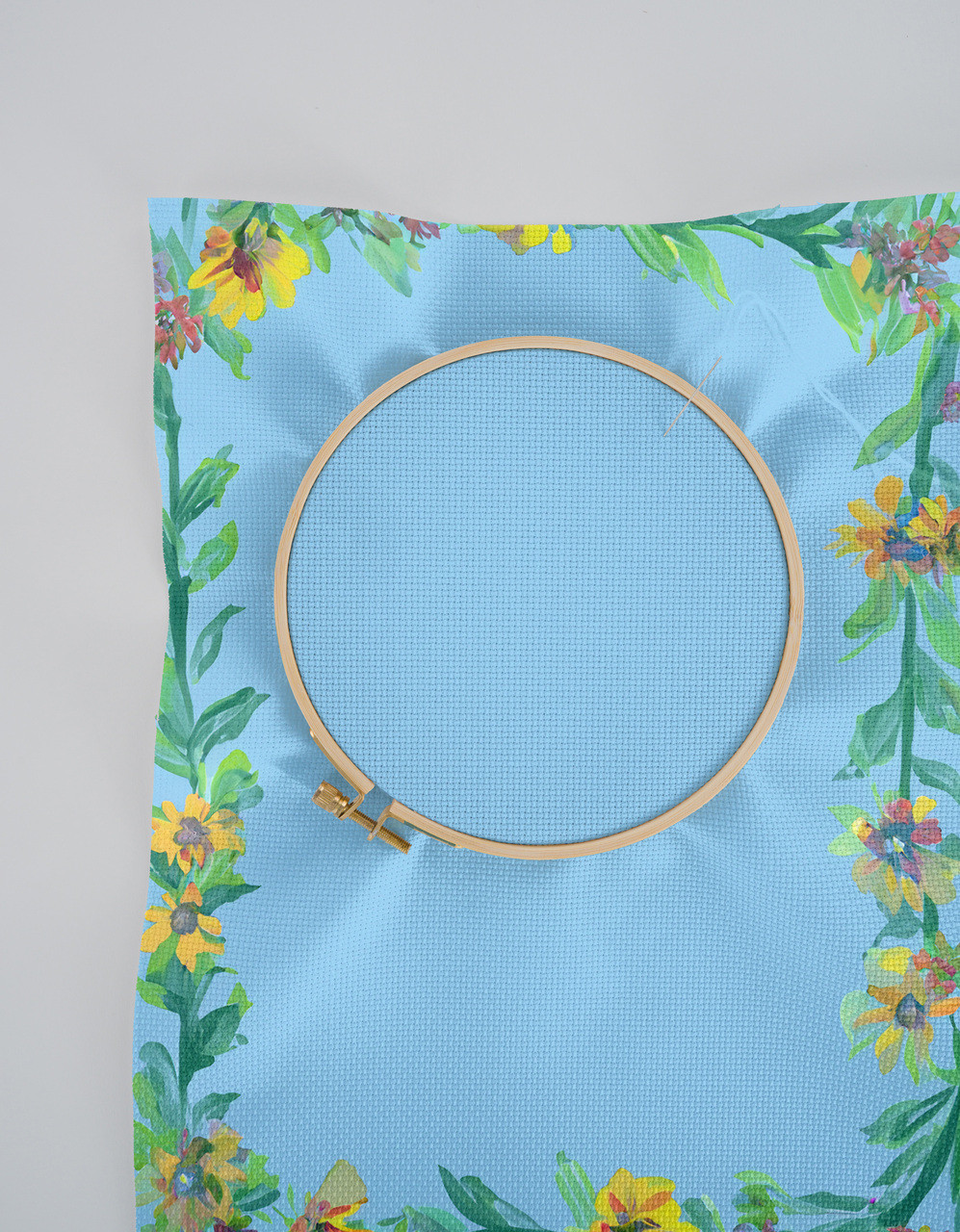 Spring Flowers on Light Blue Cross Stitch Fabric