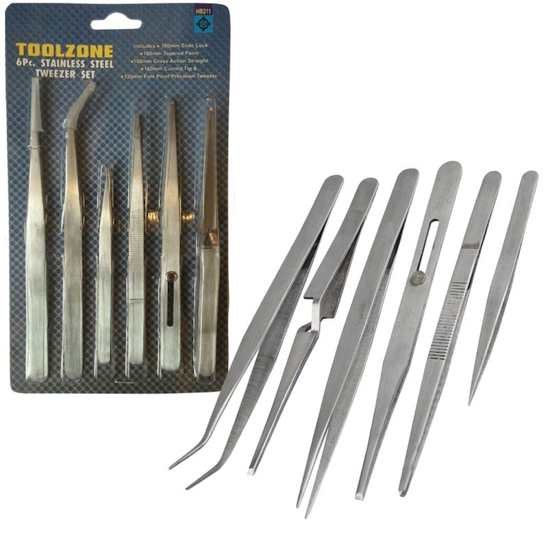 Stainless Steel Heavy Duty Tweezer Set 6pc