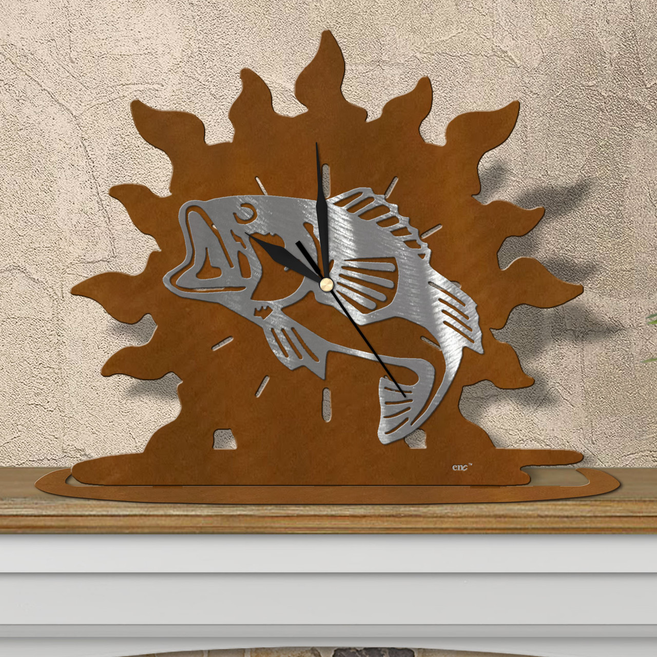 Fishing Theme Jumping Bass Sunrise Mantel Clock - Choose Black or Rust ...