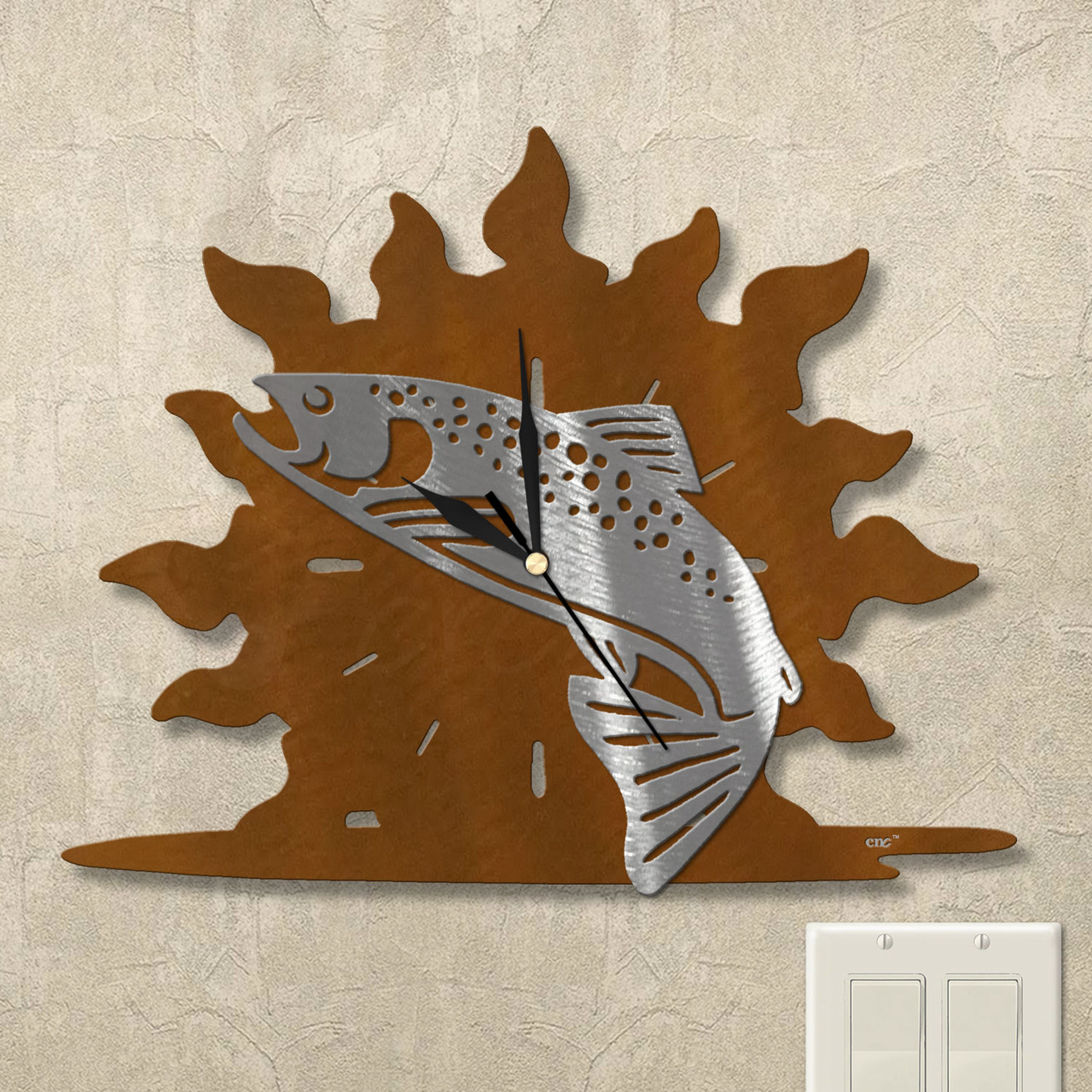 Fishing Theme Jumping Trout Sunrise Wall Clock - Choose Black or Rust ...