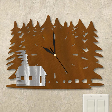 Lodge Theme Log Cabin Trees Wall Clock - Choose Black or Rust Patina