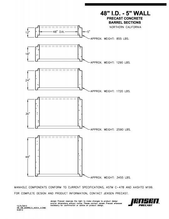 48" dia Manhole Barrels - 5" Wall - Northern California | Jensen Precast