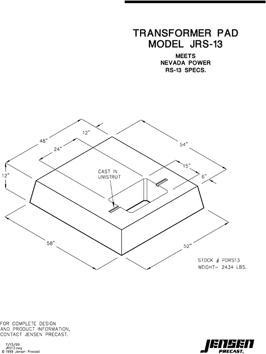 Transformer Pad - 52" x 48" x 12" - NV Energy RS-13, RS-19 | Jensen Precast