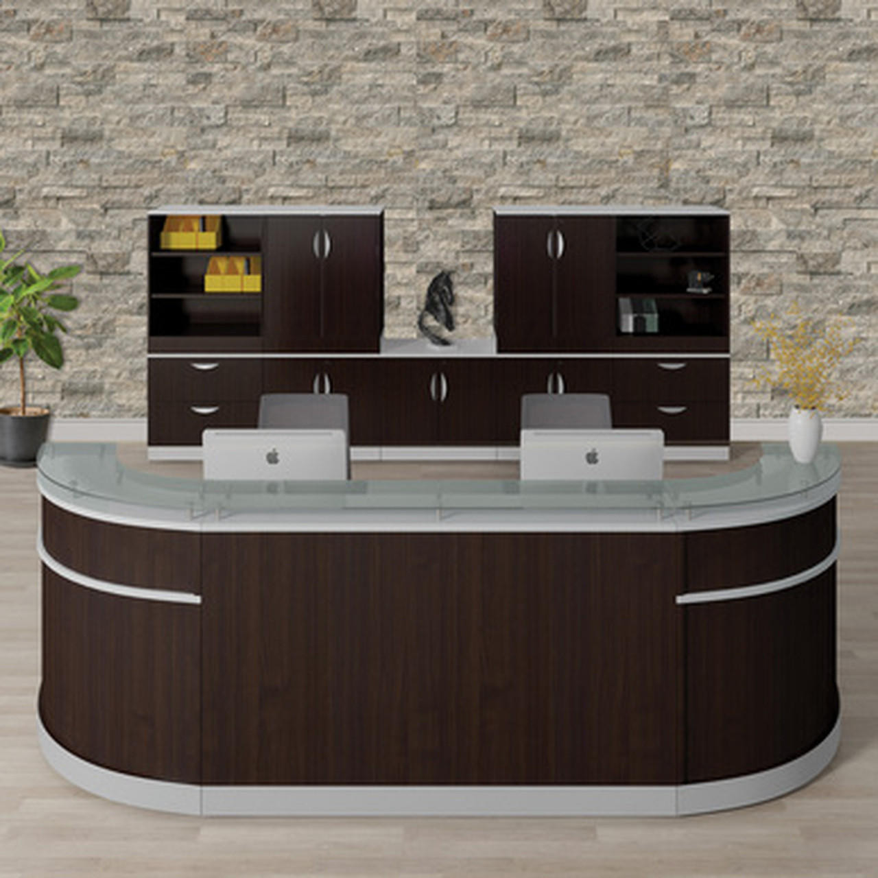 Office Source Cosmo 2 Person Glass Accented Reception Station with Rear Storage Wall