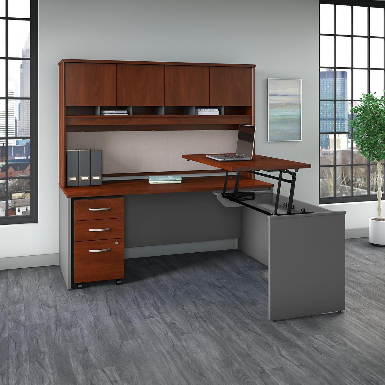 Sit to stand l shaped desk with hutch store