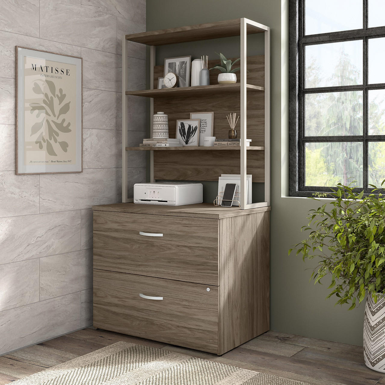 Filing cabinet with shelves above store