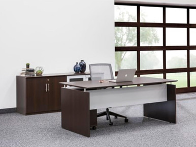 Mayline Medina Floating Top Desk with Low Wall Cabinet and Storage Pedestal