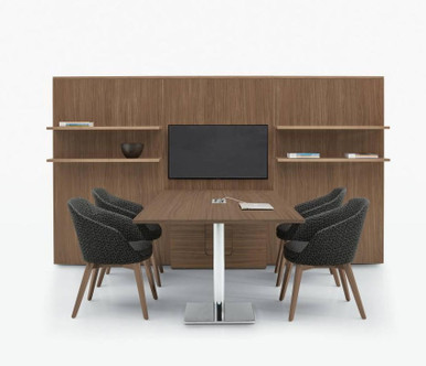 Global Zira 84"W x 42"D Powered Huddle Table with Wire Management Wall ...