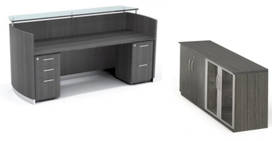 Mayline Medina Floating Glass Top Reception Desk with Low Wall Cabinet