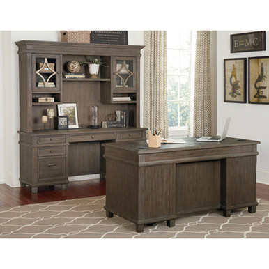 Office Source Monroe Weathered Dove Gray Executive Desk with Hutch and Credenza