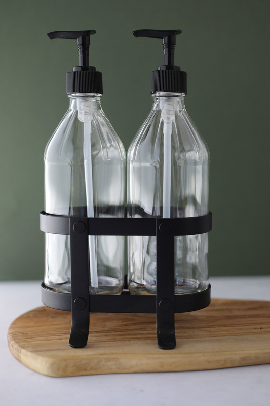 Rail19 Vintage Kitchen Dish Soap Hand Soap Dispenser Set with Black Metal stand caddy Perfect for The Kitchen Sink