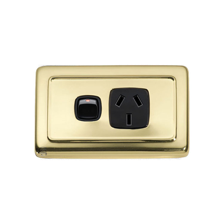 Polished Brass Single GPO Flat Plate Power Point with Black Switch ...