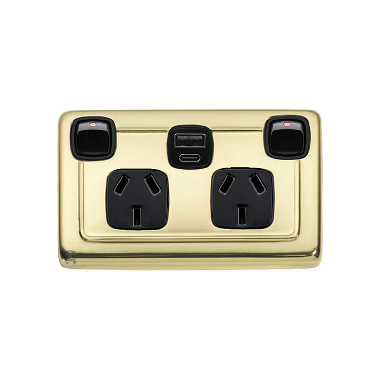 Double GPO Flat Plate Brass Power Point with Dual A-C USB Charging Port ...