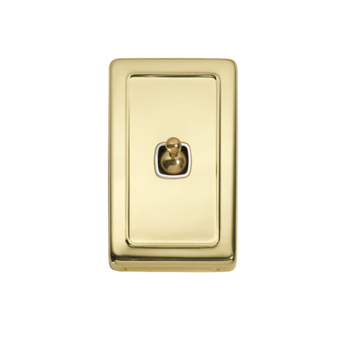 1 Gang Flat Plate Polished Brass Light Switch - Brass Toggle with White ...