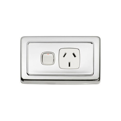 Single GPO Flat Plate Contemporary Power Point - Chrome with White ...