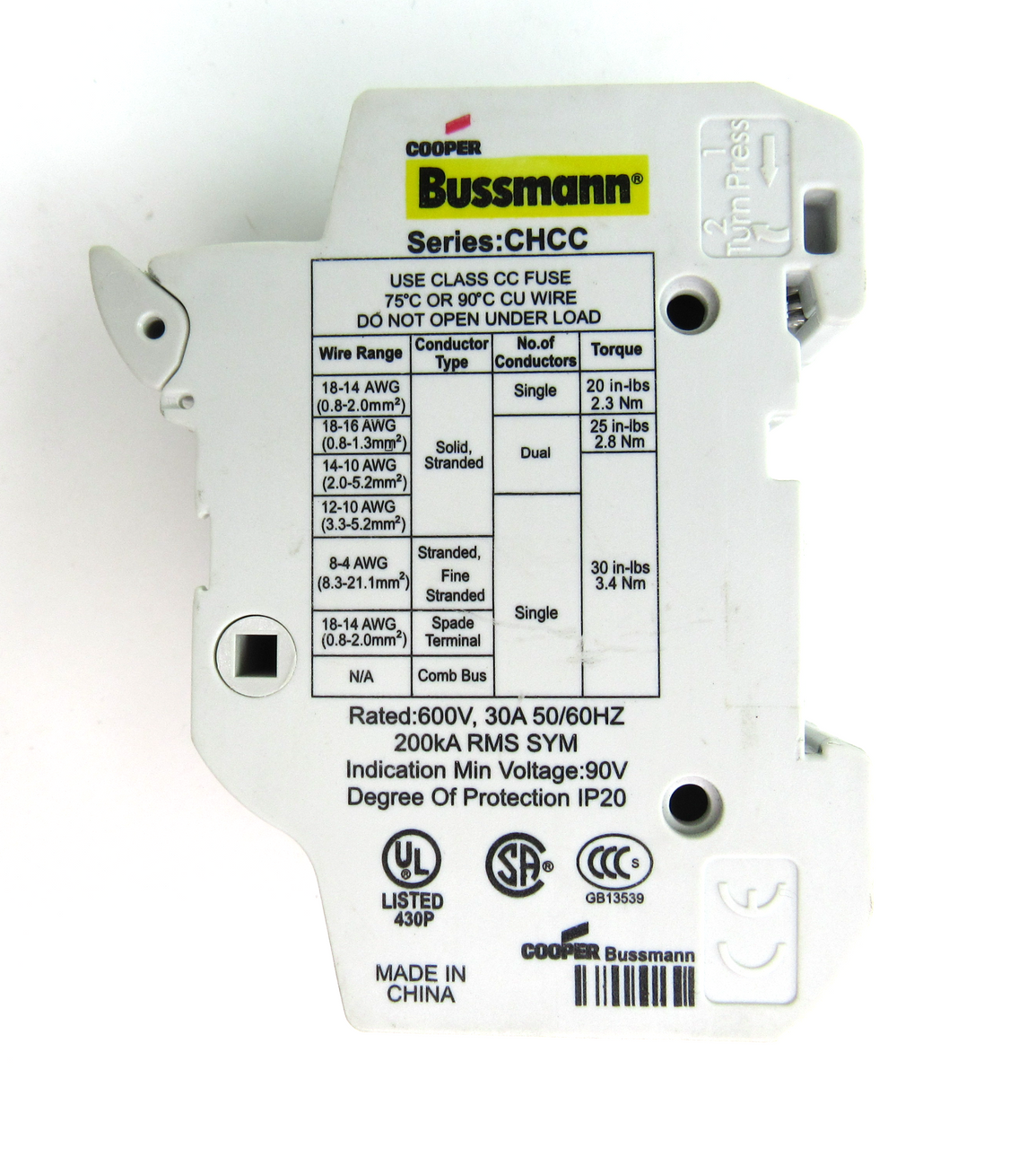 Bussmann Fuse Holder 30 Amp 600AC 2 Pole CHCC2DU Class CC