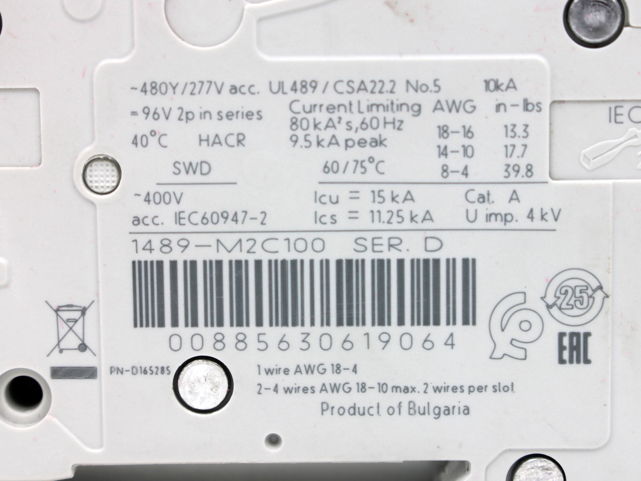 Allen Bradley 1489-M2C100 Ser. D Circuit Breaker, 2-Pole, 10 Amp