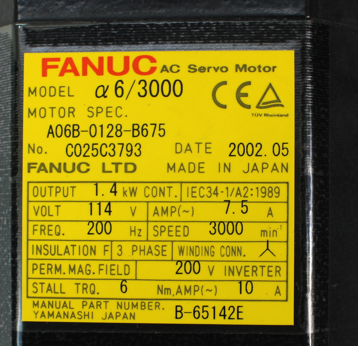 Fanuc A06B-0128-B675 Servo Motor, 114V
