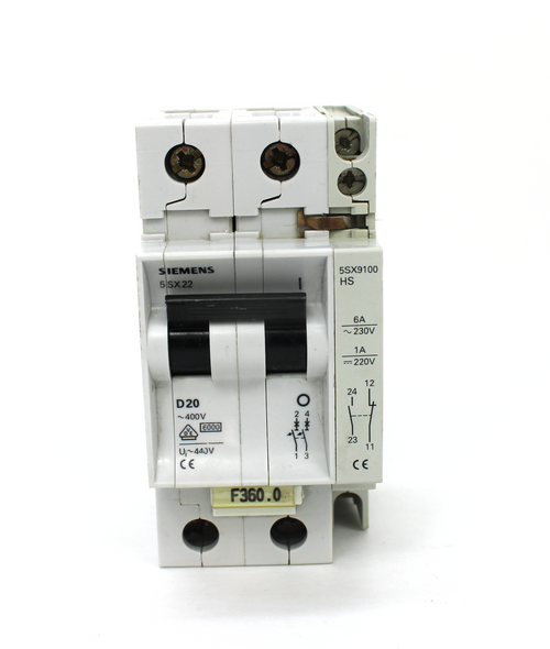 Siemens 5SX22 D20 Circuit Breaker w/ 5SX9100 Auxiliary Contact