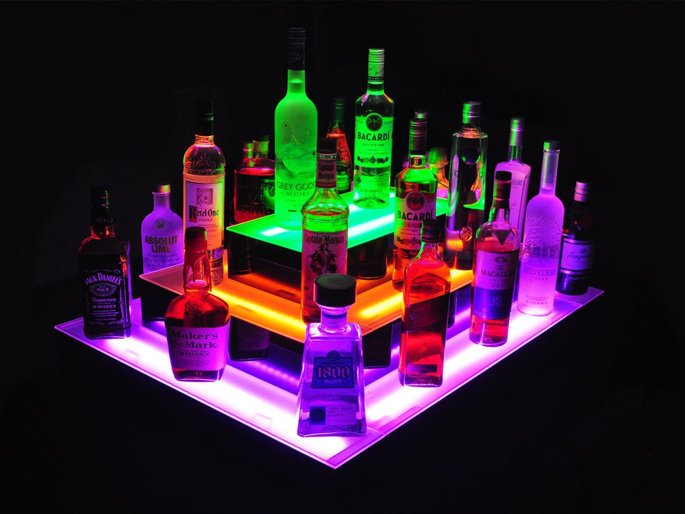 Island 3 Tier Double Wide LED Bar Shelf Display - LiquorShelves.com