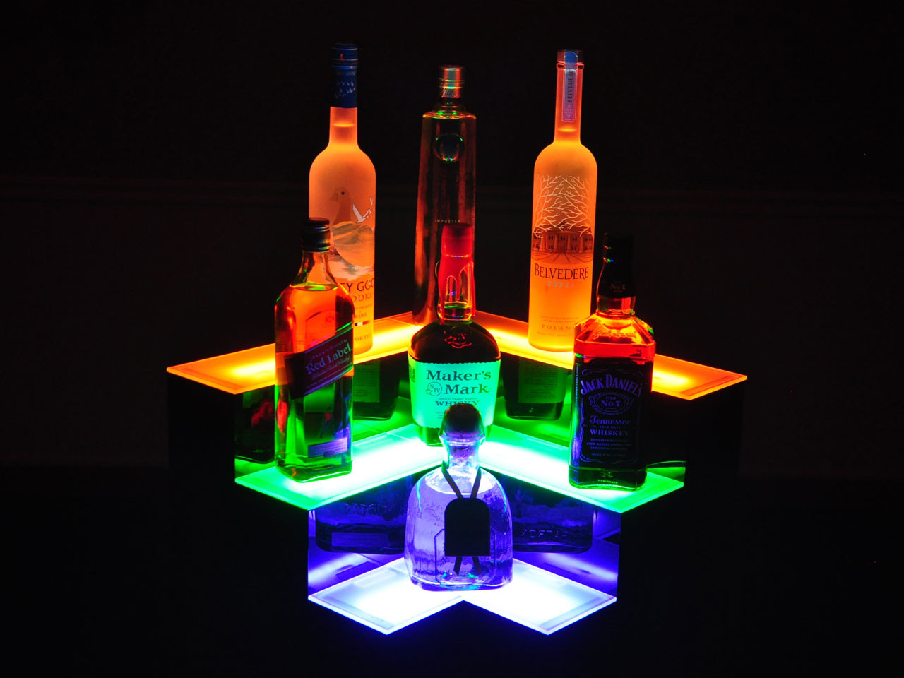 Corner 3 Tier LED Bar Shelf Display - LiquorShelves.com