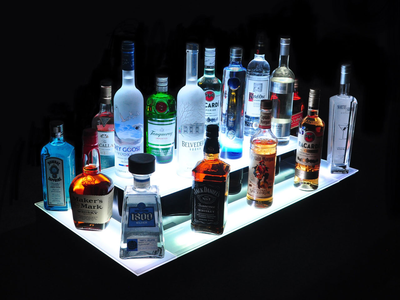 Island 2 Tier Double Wide LED Bar Shelf Display - LiquorShelves.com