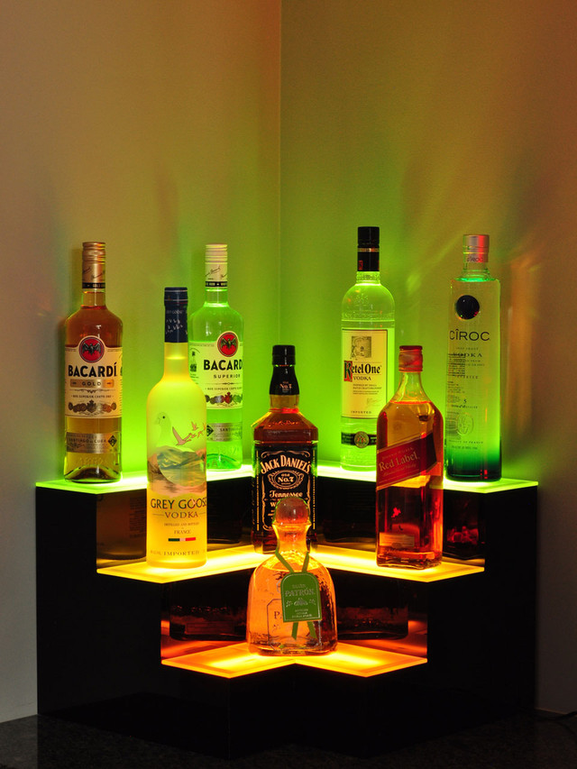 Corner 3 Tier LED Bar Shelf Display - LiquorShelves.com
