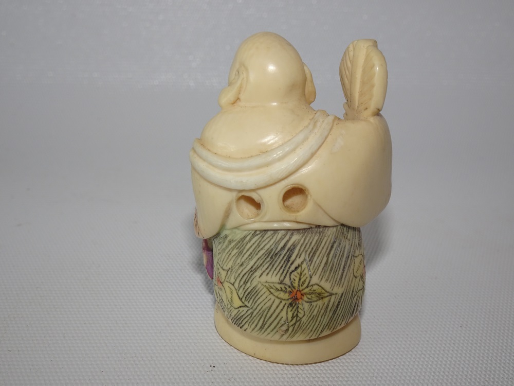 Antique Japanese Netsuke of Hotei Holding Bag and Fan – Signed Hand ...