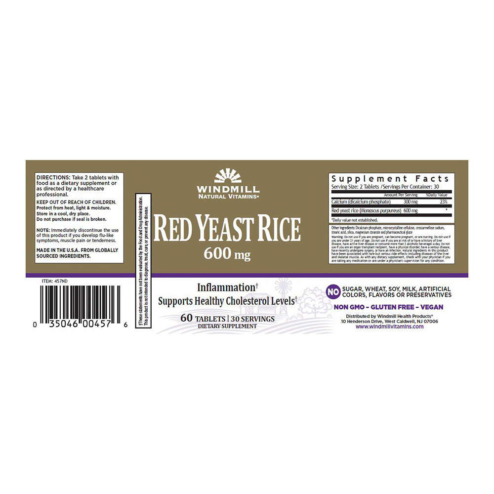 Windmill Red Yeast Rice 600 Mg Dietary Supplement Tablets - 60 Ea ...