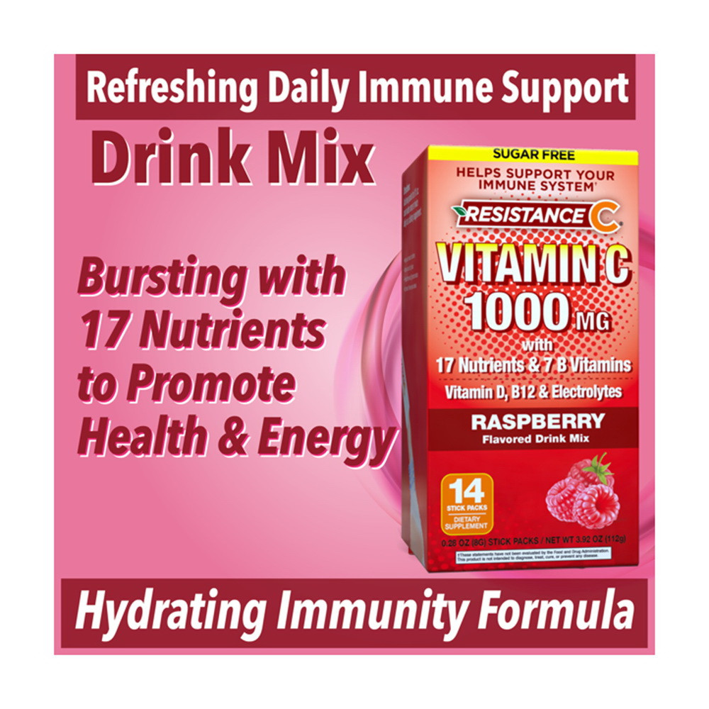 Resistance C Raspberry Flavored Vitamin C 1000mg Drink Mix Stick Packs ...