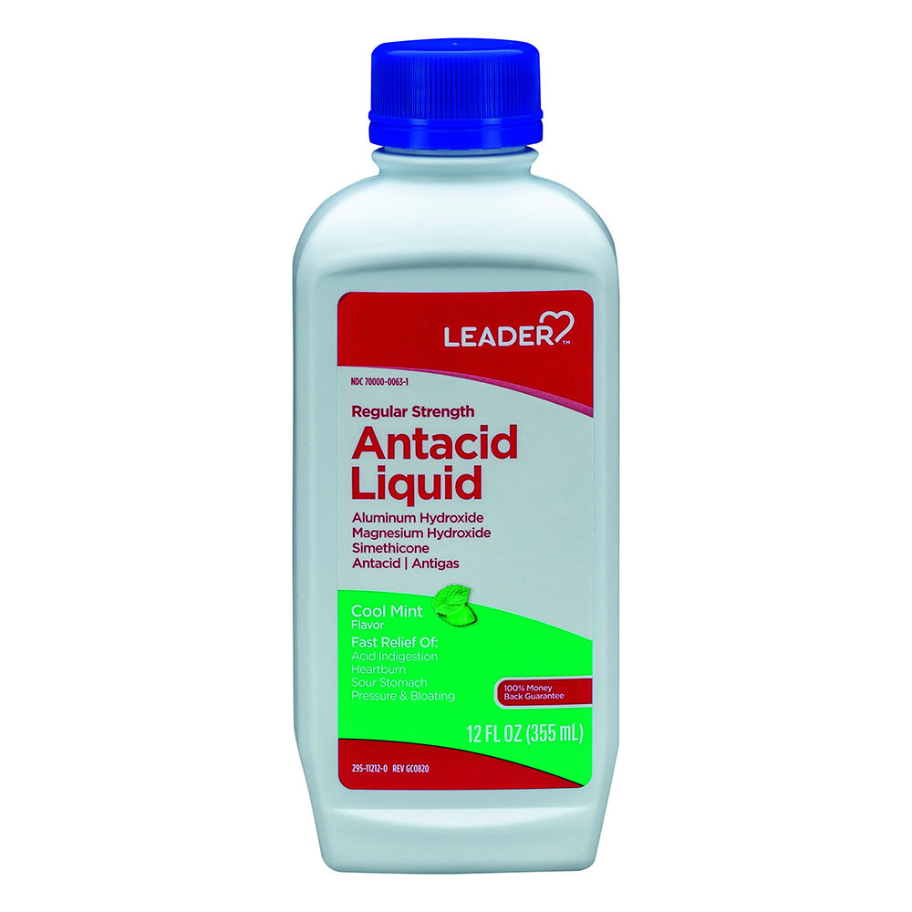 Leader Regular Strength Antacid Liquid, Cool Mint, 12 Oz