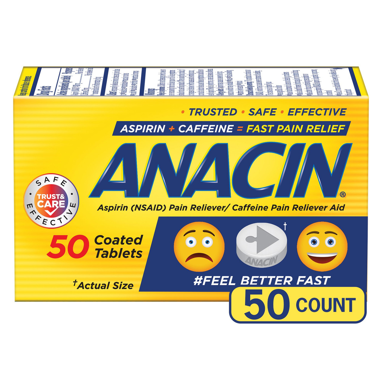 Anacin Aspirin And Caffeine Pain Reliever Tablets, 50 Count