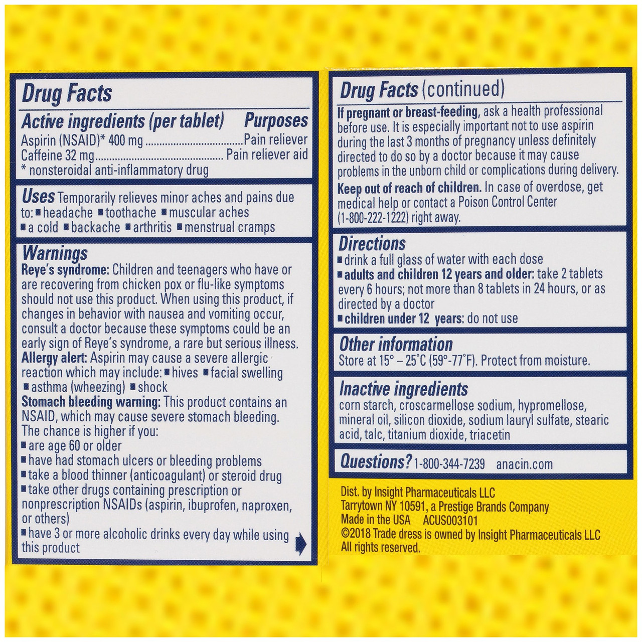 Anacin Aspirin and Caffeine Fast Pain Relief Aid Coated Tablets 50Ea