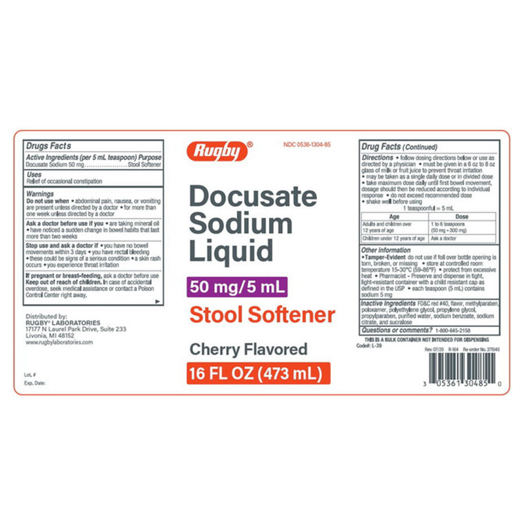 Rugby Docusate Sodium Liquid 50 Mg Stool Softener, Cherry Flavor, 16 Oz
