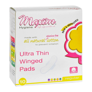 Maxim Hygiene Natural Cotton Daytime Ultra Thin Winged Pads, Regular, 10 Ea