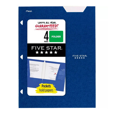 Mead Five Star 4 Pocket Paper Folder, Assorted Colors, 1 Ea