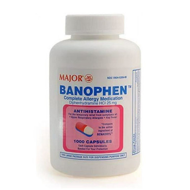 Major Pharmaceuticals Banophen Diphenhydramine Antihistamine 25 Mg, 1000 Ea