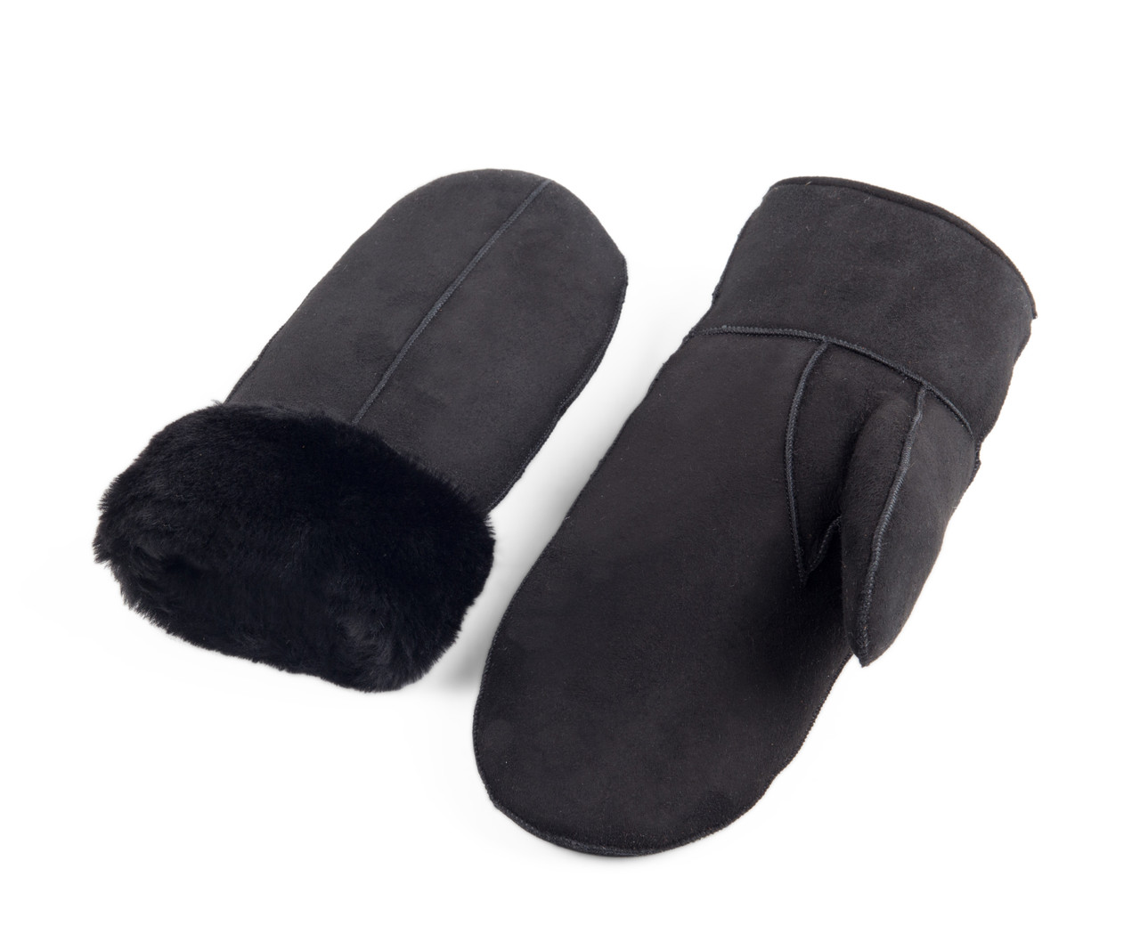 Men's Premium Shearling Sheepskin Leather Fur Mittens Black Suede