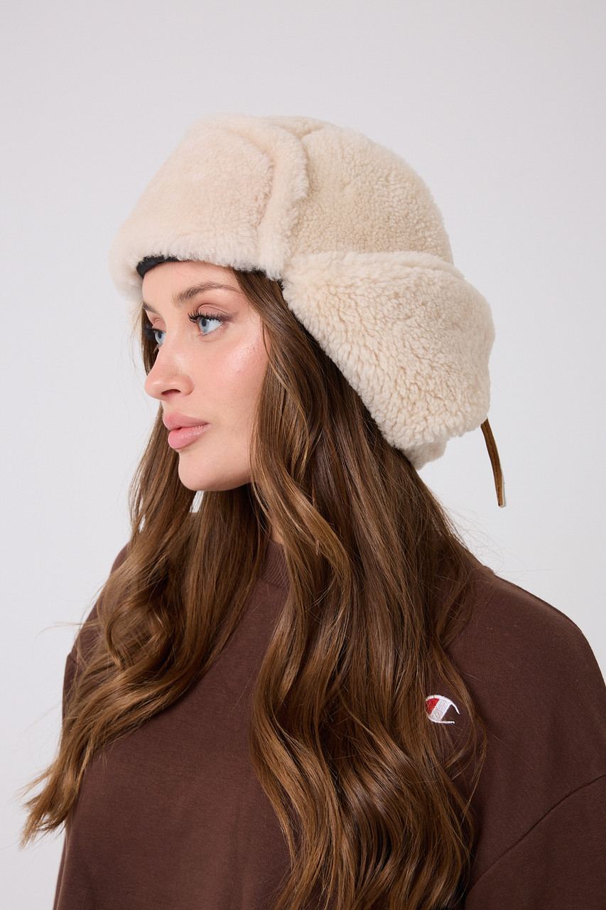 Shearling Sheepskin Aviator Winter Fur Hat - Cream Curly Fully Fur