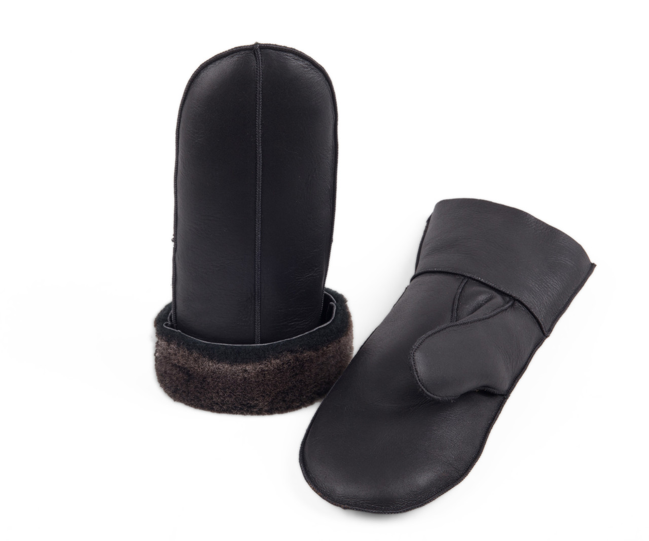 Women's Premium Shearling Sheepskin Leather Fur Mittens - Black