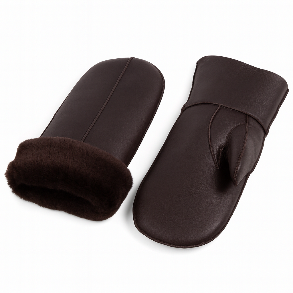 Women's Premium Shearling Sheepskin Leather Fur Mittens - Brown