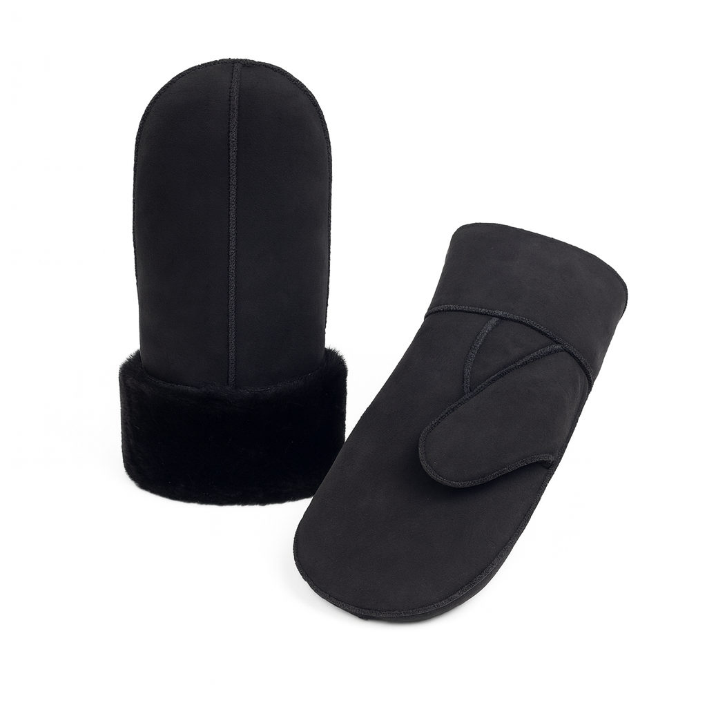 Women's Premium Shearling Sheepskin Leather Fur Mittens - Black Suede
