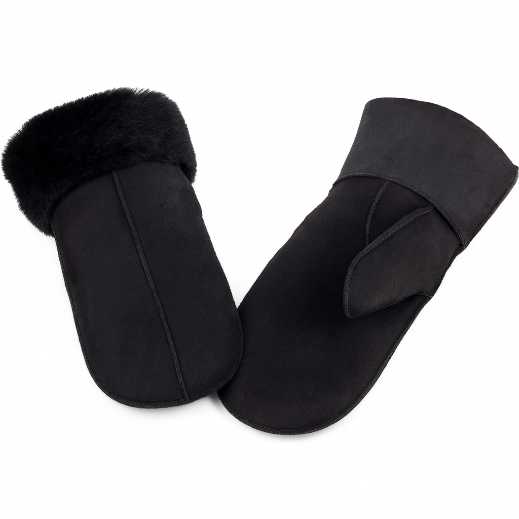 Women's Premium Shearling Sheepskin Leather Fur Mittens - Black Suede