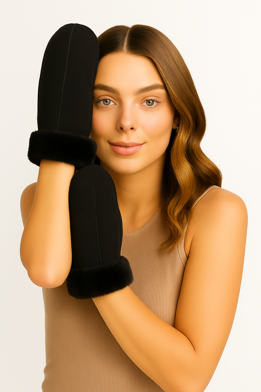 Women's Premium Shearling Sheepskin Leather Fur Mittens - Black Suede