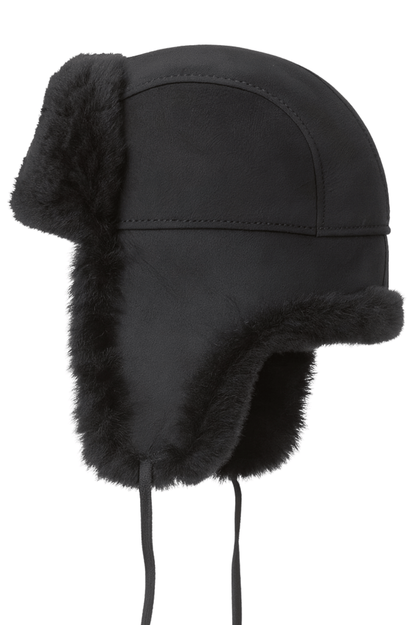 Genuine Shearling Sheepskin Aviator Winter Fur Hat - Black