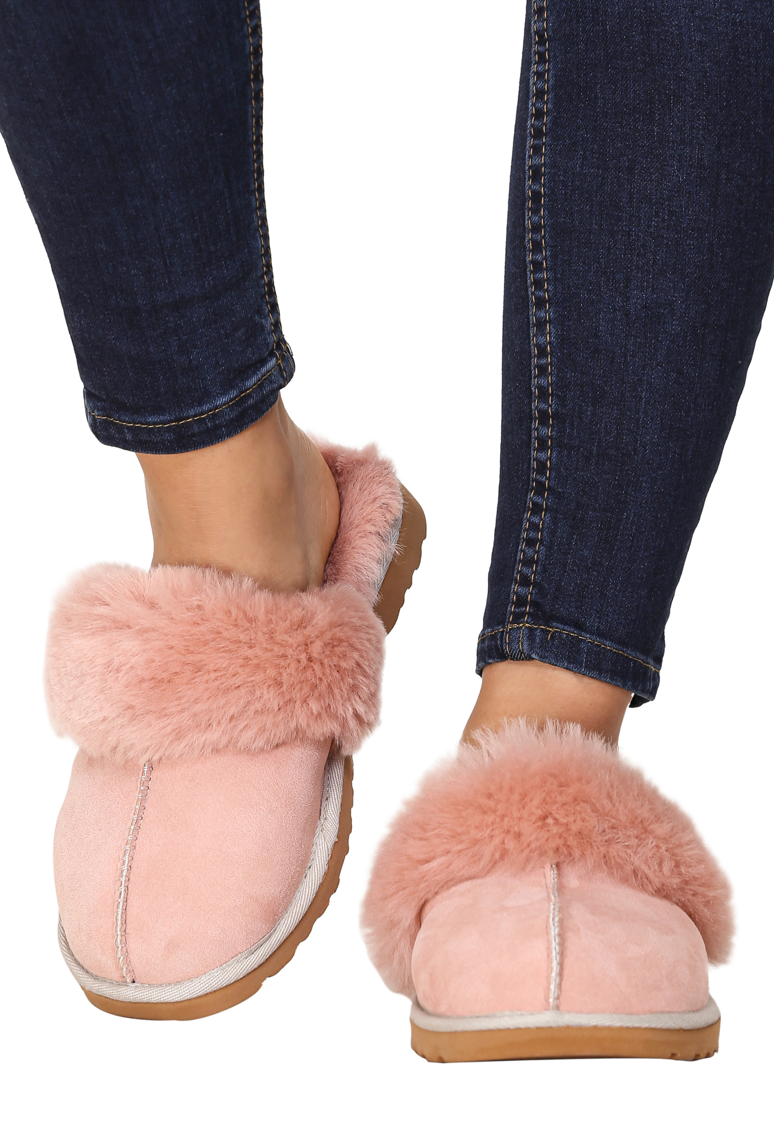 Women's Sheepskin Slippers Pink - Zavelio | Genuine Sheepskin